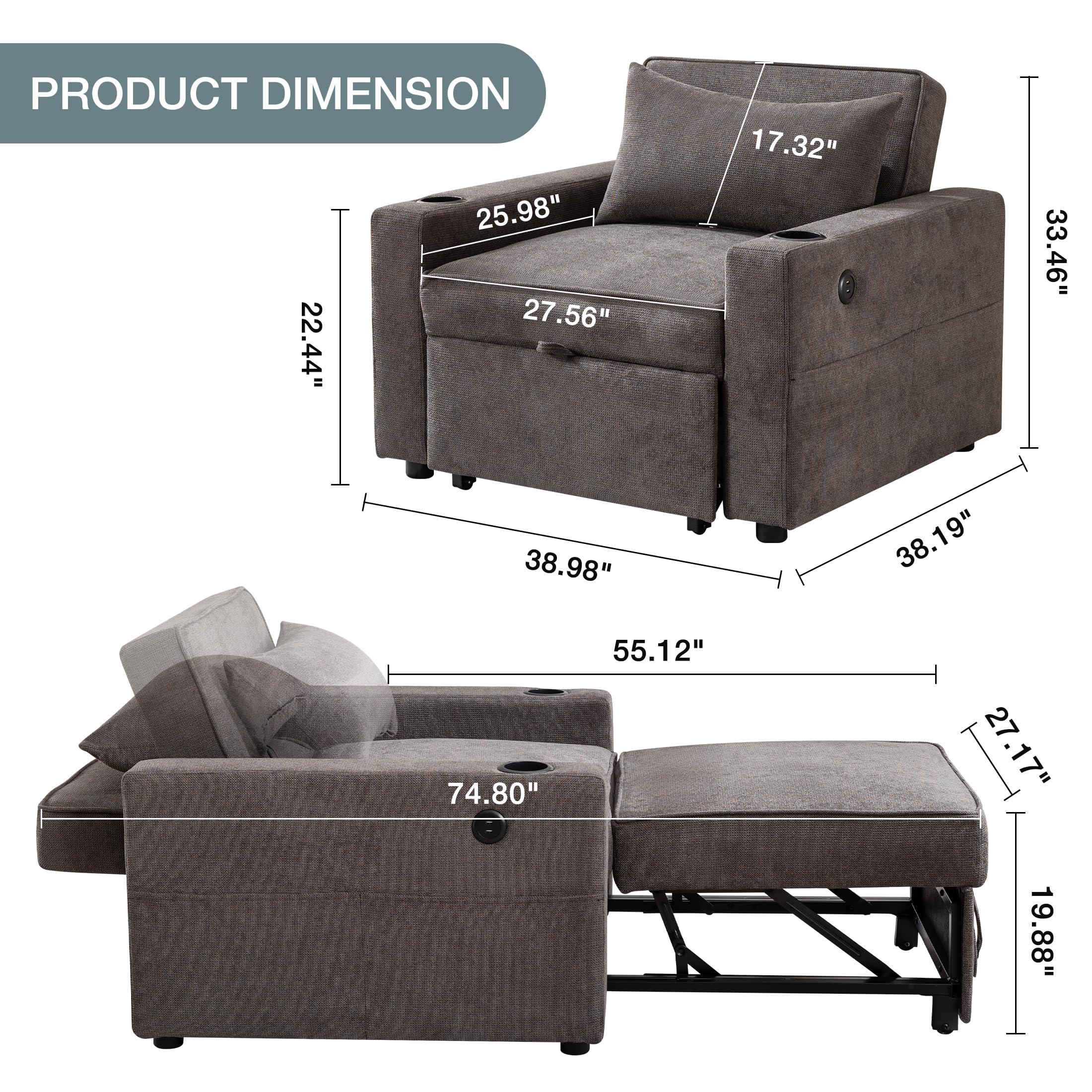 BOSMILLER Convertible Sofa Bed, 3-in-1 Pull-Out Sleeper Sofa, Adjust Backrest Futon Couch with Massage Heating Pillow, USB, Side Pocket, Cup Holder, for Living Room/Office/Small Apartment