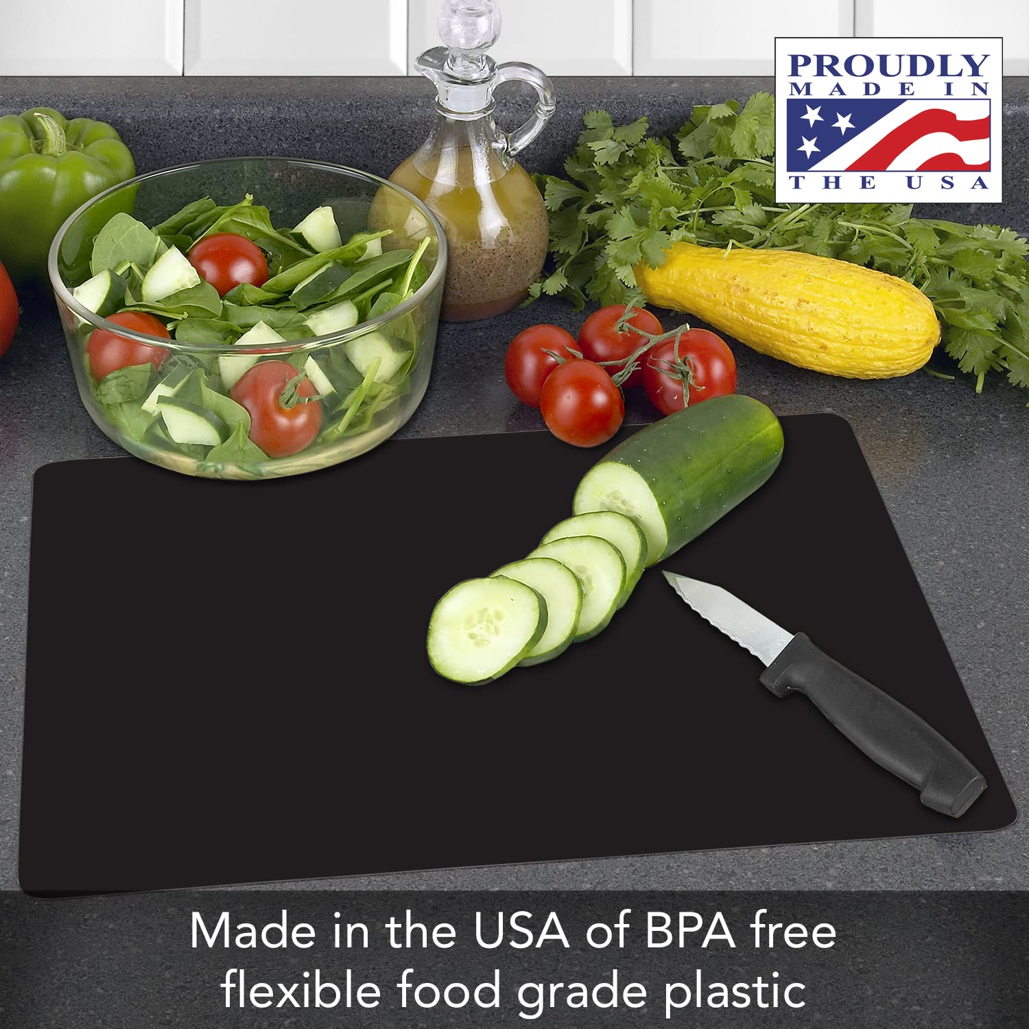 Cut N' Funnel Black Flexible Plastic Cutting Board Mat 2 Pack, 15" x 11.5", Made in the USA, Easily Funnels Foods, Knife Friendly, Easily Wipes Clean