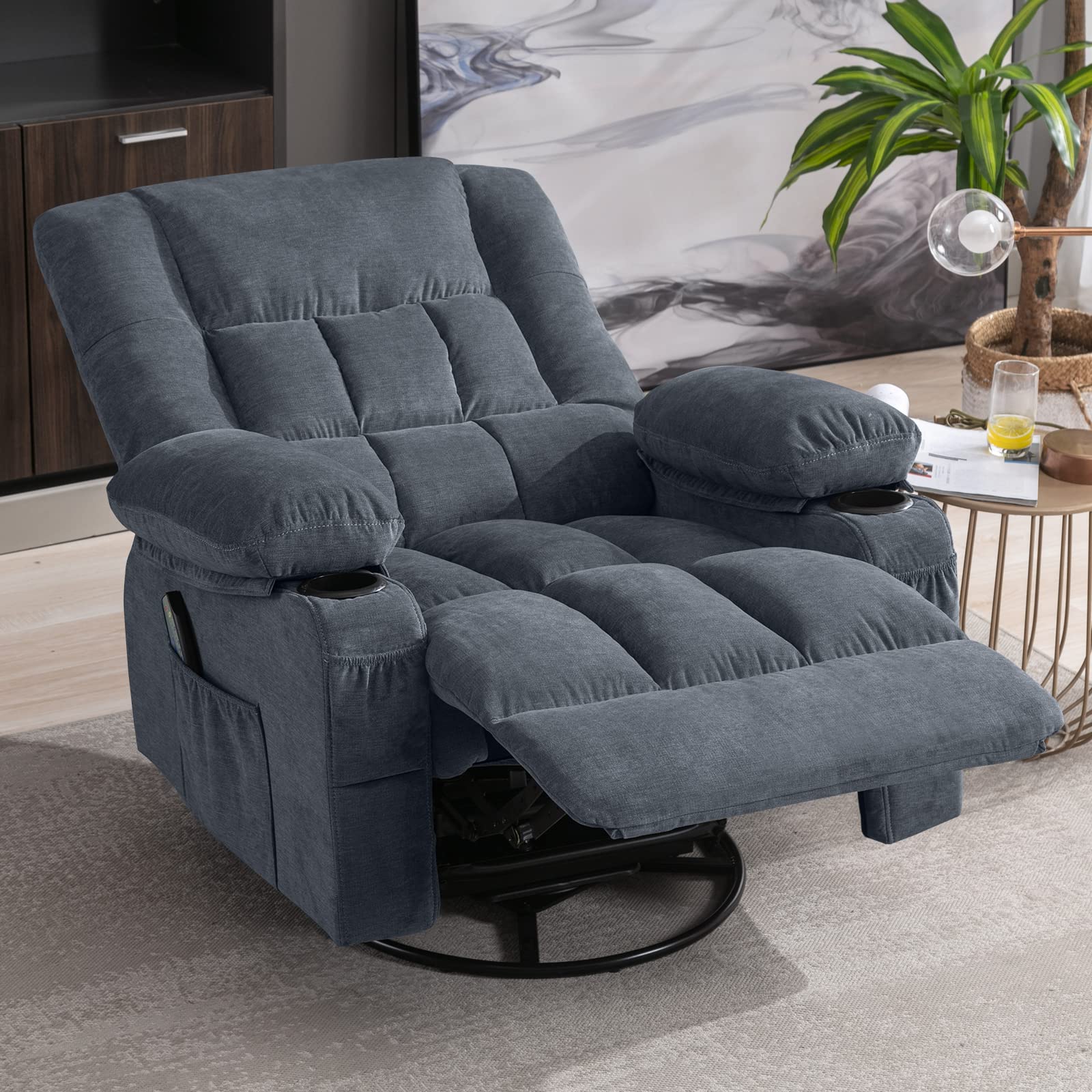 BOSMILLER Massage Swivel Rocker Recliner Chair with Vibration and Heat Ergonomic Lounge for Living Room Rocking Function Side Pocket, 2 Cup Holders, USB Charge Port, Blue