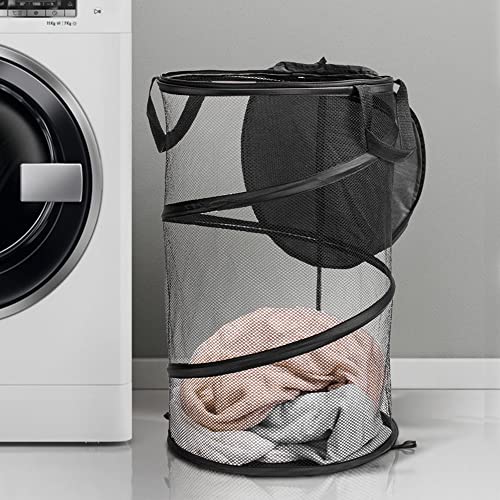 Mesh Collapsible Laundry Hamper with Lid, Large Clothing Storage Bucket with Handles,Dirty Clothes Storage Basket for The Kids Room, College Dorm or Travel (1PCS, Black)