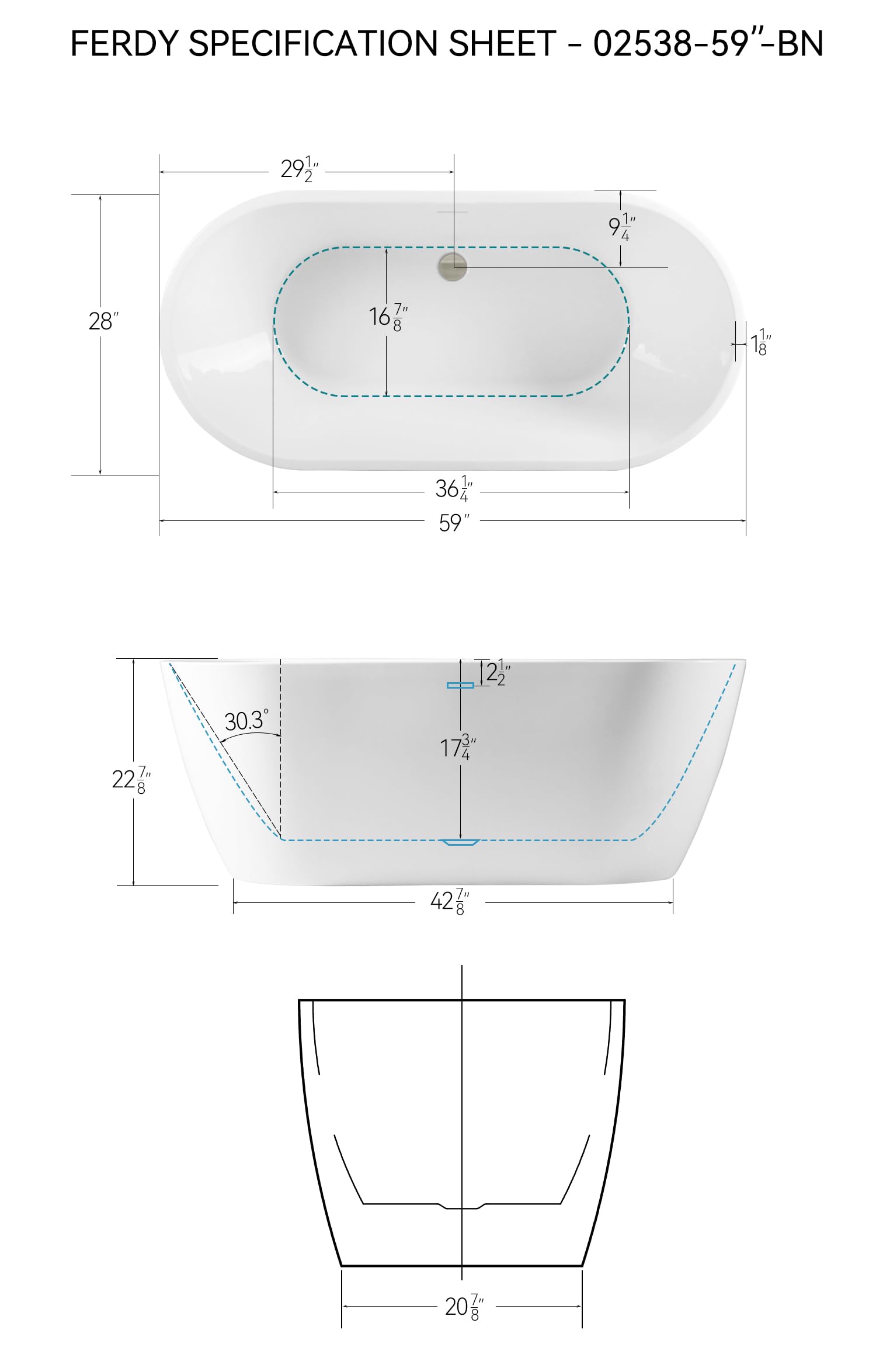 FerdY Bali 55"x28" Freestanding Bathtub, Modern Oval Acrylic Soaking Bathtub with Brushed Nickel Drain, Integrated Slotted Overflow, Glossy White, cUPC Certified, 02538