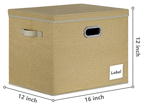 LHZK 4Pack Extra Large Storage Bins with Lids 16x12x12 Foldable Linen Fabric Storage Boxes with Lids, Decorative Fabric Storage Bins with Label & 3 Handles for Shelves Bedroom Home Office-Black,Beige