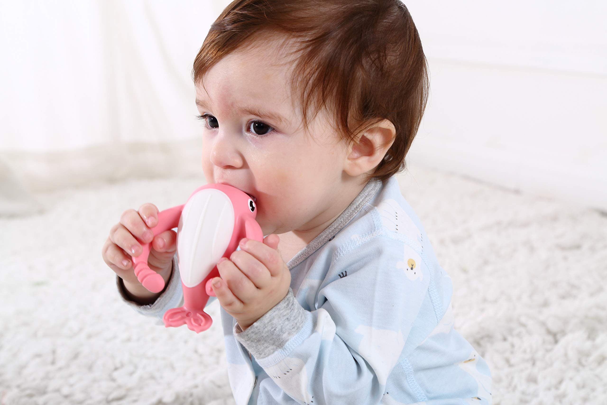 Smily Mia Nora Narwhal Soft Silicone Teething Toy/Toothbrush with Two Handles for 3M+ Babies Teething Pain Relief, Pink