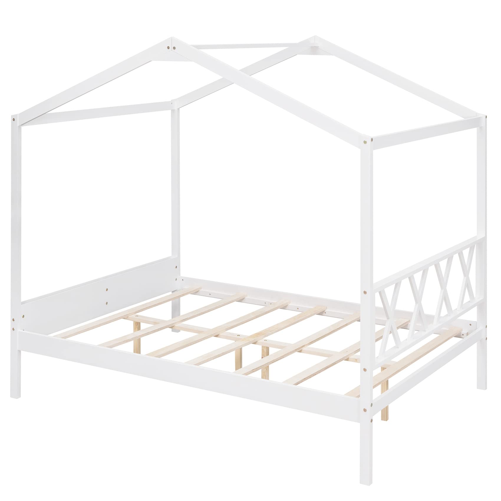 Full House Bed for Kids Montessori Bed with Headboard and Storage Footboard Wood Platform Bed Frame White House Beds for Girls Boys Teens Adults, Full Size, White