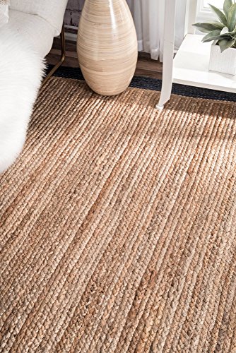 Rangneel Handloom Beige with Blue Border Handmade Rustic Rectanglular Jute Rug (8x11 Feet)