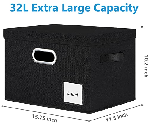 LHZK Large Storage Bins with Lids 6 Pack, Linen Fabric Storage Boxes with Lids, Foldable Storage Baskets with 3 Handles and Label Window for Shelves Bedroom Closet Office (15.75x11.8x10.2,Grey,Black)