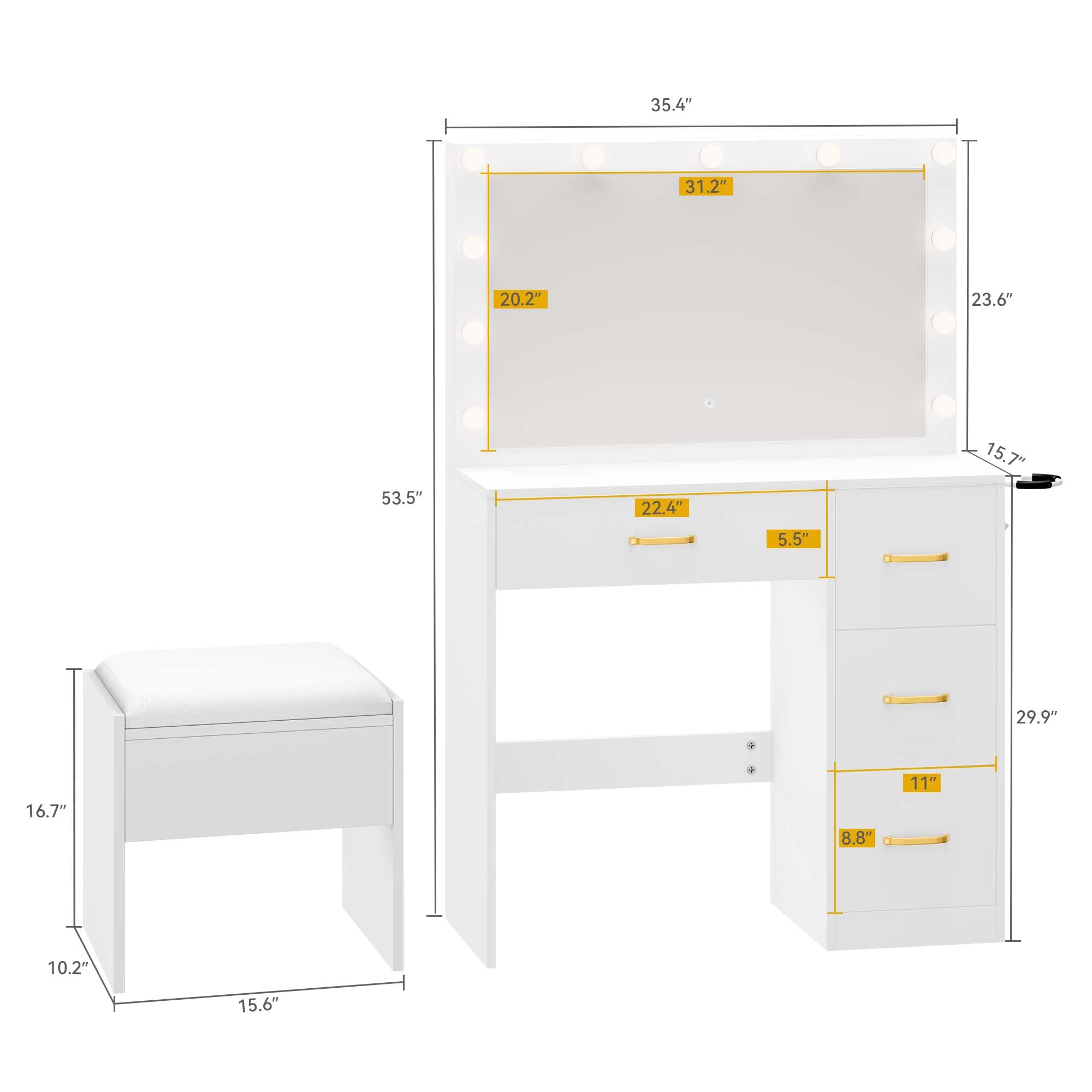 DWVO Makeup Vanity with Lighted Mirror, Vanity Desk with Power Strip, Adjustable Lighting, 4 Drawers, and Cushioned Stool for Bedroom, Dressing Room