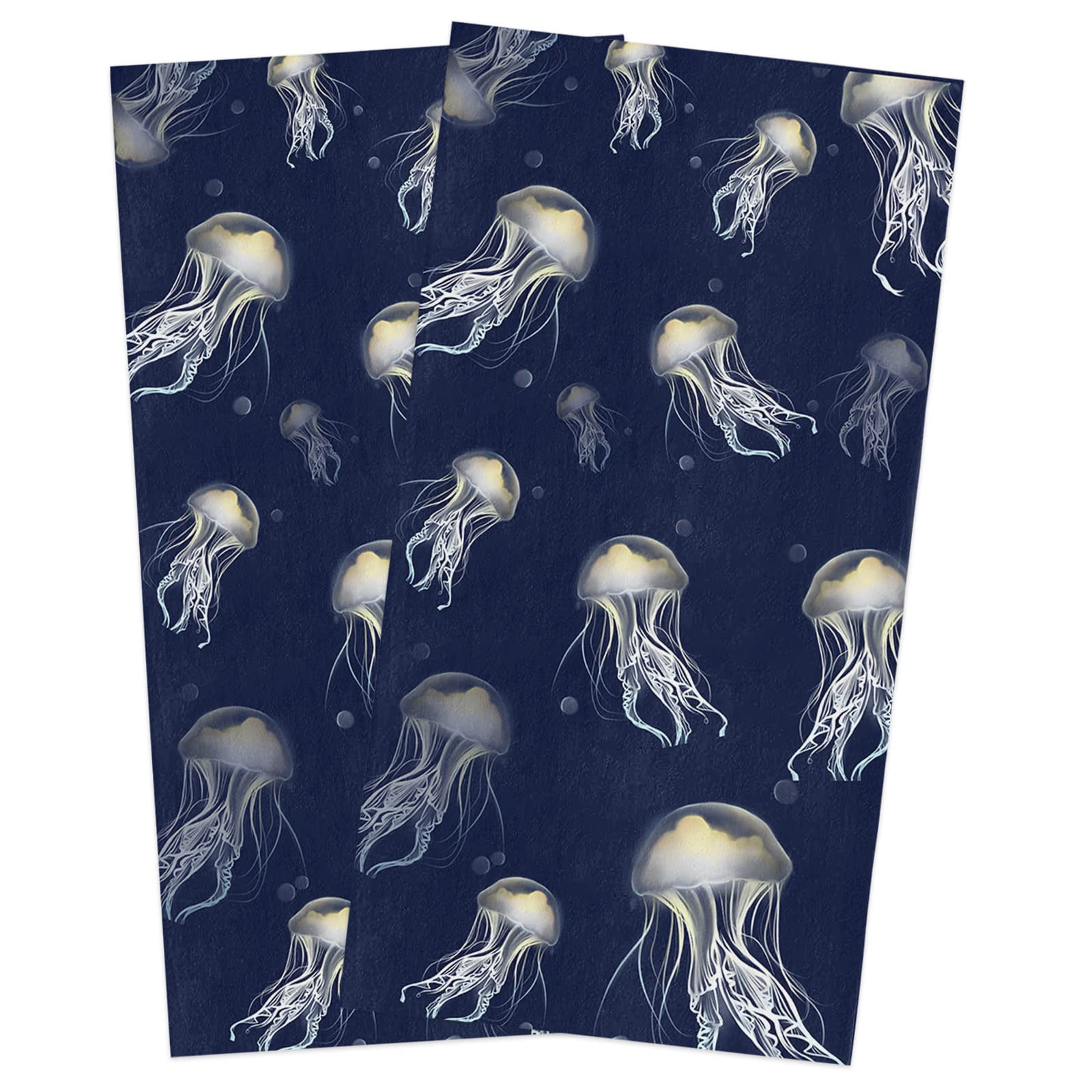 Chees D Zone Kitchen Towels Cotton Dish Towel,Ocean Jellyfish Sea Monster on Navy Blue Soft Dishcloth Absorbent Tea Towel,Marine Life Seamless Reusable Washable Hand Towels 2 Pack