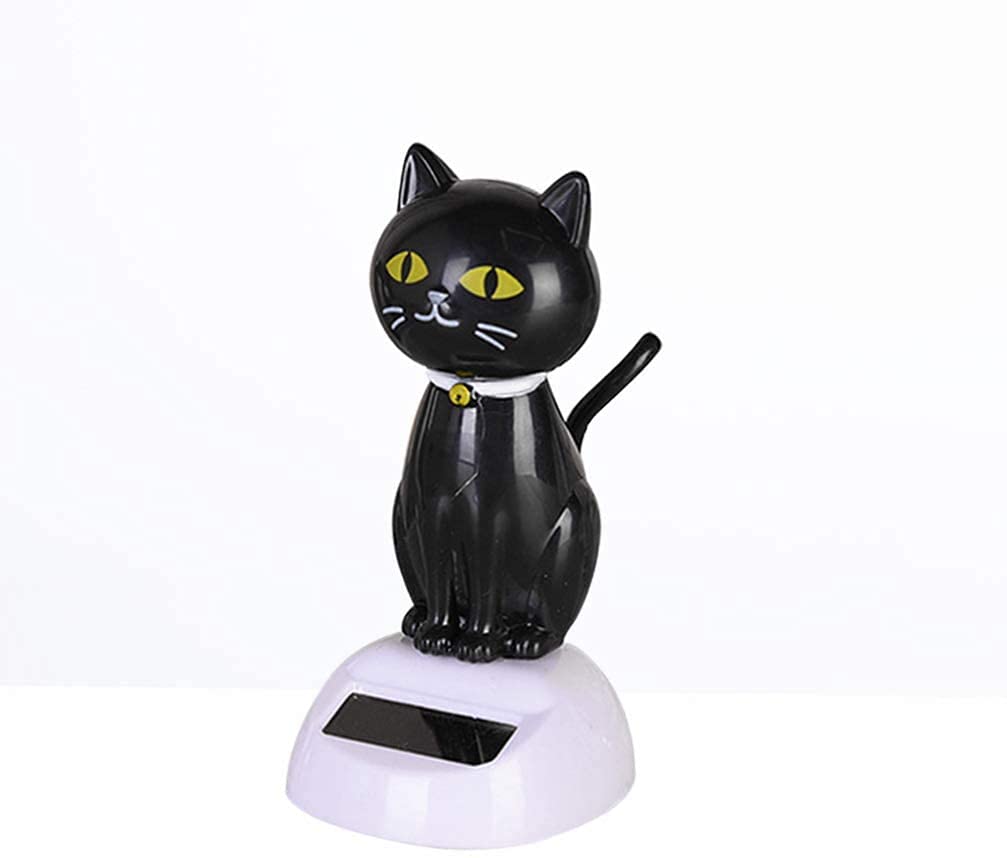 Solar Cat Bobble Shaking Head Dancing Toy Cat Figurine Statue Car Dash Board Ornaments for Car Vehicle Decoration - Black