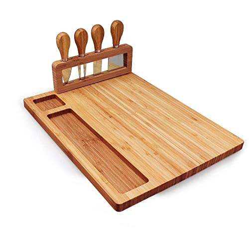 Cheese Board and Knife Set - Charcuterie Board Set, Cheese Platter Board, Bamboo Cheese Board with Cutlery Set, Cheese Tray, Wooden Cheese Board Set, Cheese Cutting Board Set, Cheese Plate Set