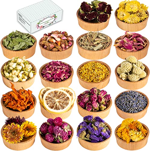 Dried Flowers, 18 Pack Natural Dried Flower Herbs Kit for Bath, Bomb, Soap, Resin, Candle Making, Include Rose Petals, Rosebuds, Lavender, Jasmine Flowers, Lily, Lemon Slice and More