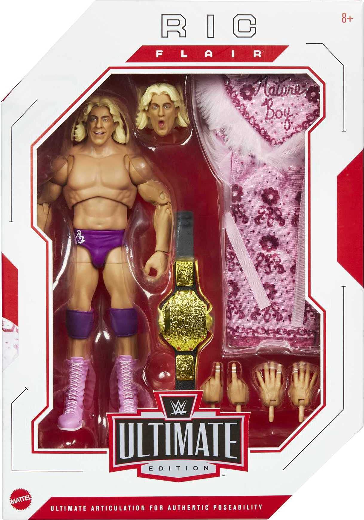 WWE MATTEL Ultimate Edition Ric Flair Action Figure, 6-in / 15.24-cm, with Interchangeable Heads, Swappable Hands & Entrance Robe for Ages 8 Years Old & Up