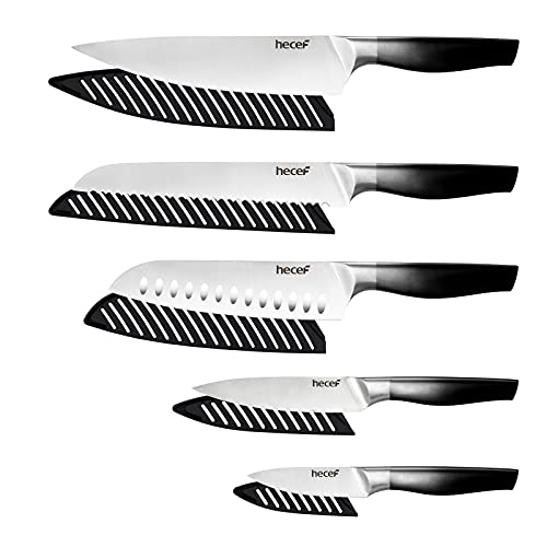 hecef Gradient Black Kitchen Knife Set of 5, Chef Knife Set with Satin Finished Blade & Hollow Handle & Protective Sheaths, Includes Chef, Santoku, Bread, Utility & Paring Knife