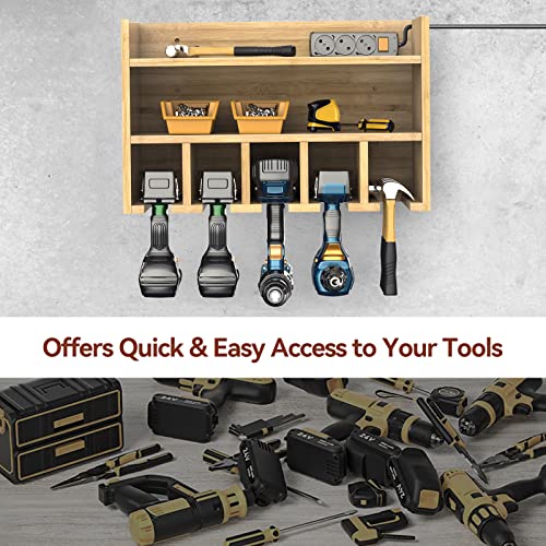 Purbambo Power Tool Organizer Wall Mounted, Bamboo Drills Shelf Rack with Charging Station and 5 Hanging Slots, Power Tools Storage Cabinet