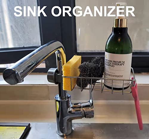 NCARSTER Stainless Steel Faucet Rack for Kitchen Sink, 2 PCS Kitchen Sink Caddy Sponge Holder Organizer, Shower Shelf Rack Organizer (Silver)