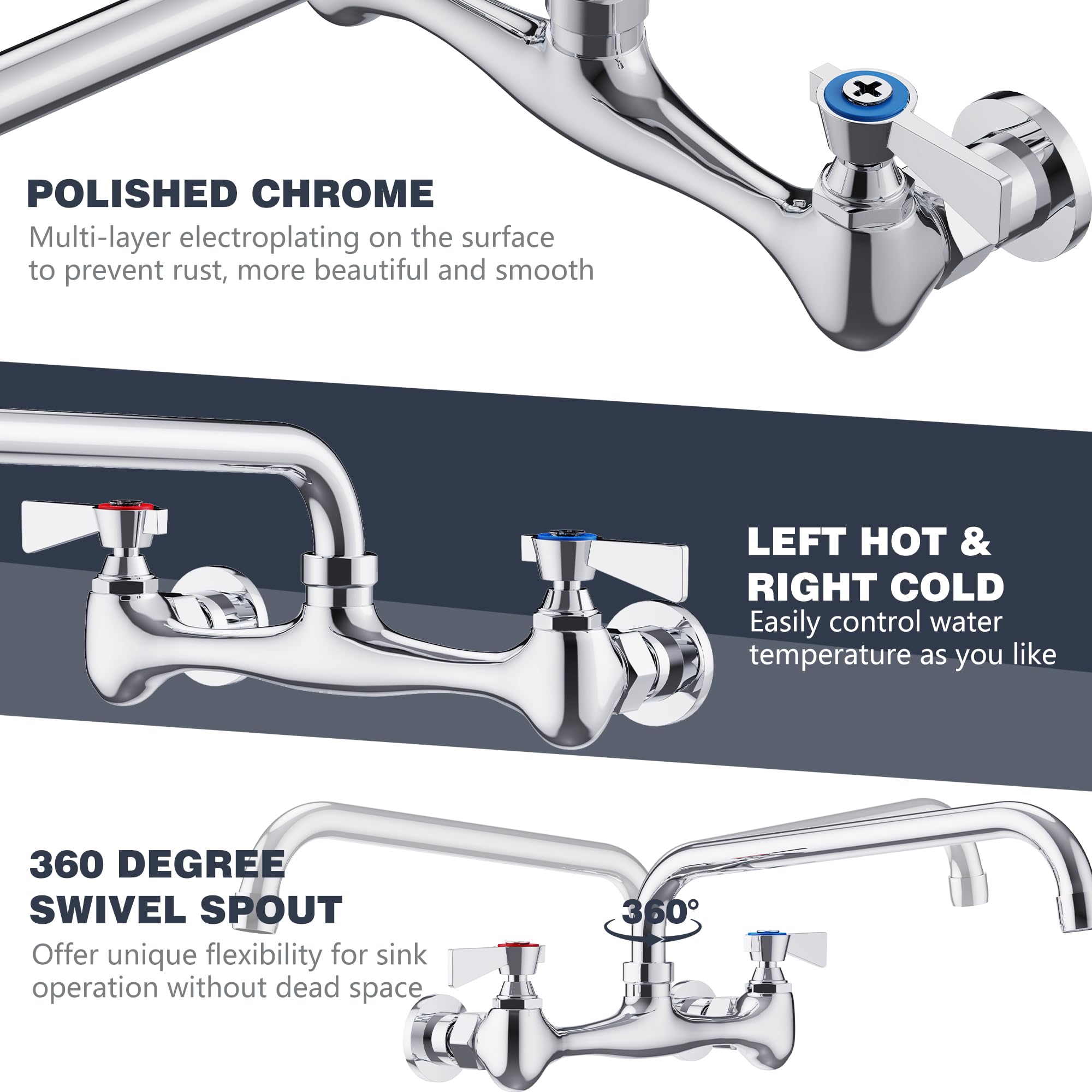 GIMILI Wall Mount Commercial Sink Faucet with 12” Swivel Spout Polish Chrome Brass Utility Sink Faucet for Kitchen Laundry Restaurant Industrial Compartment Sink(Include 90 Degree Adapters)