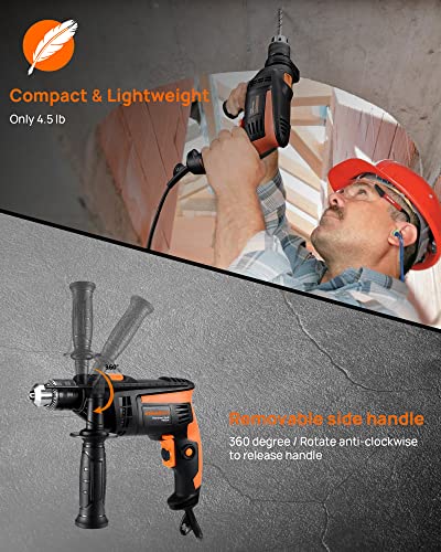 ENGiNDOT Hammer Drill, 1/2-Inch 6-AMP Corded Electric Hammer Drill with 2800RPM, Variable Speed, Drill Chuck, 10 Drill Bits for Home Improvement, Concrete, Steel, Wood (NOT for Reinforced Concrete)
