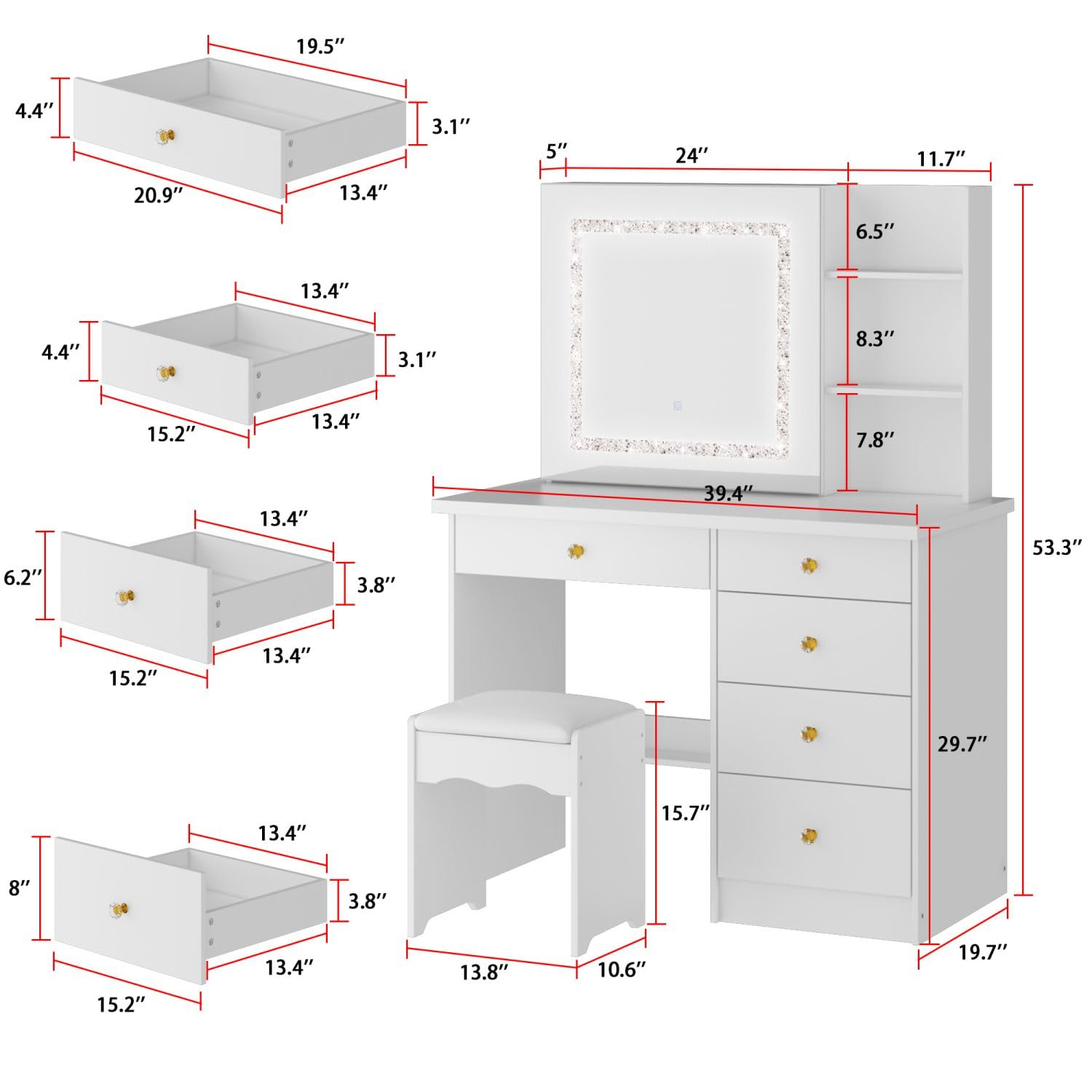 FAMAPY Makeup Vanity with Drawers, Vanity with Sliding Mirror, Vanity Desk with Storage Shelves, Cushion Stool, for Bedroom White and Grey
