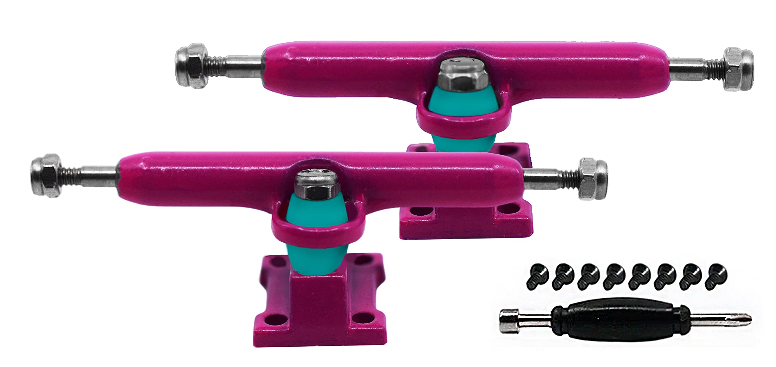 Teak Tuning Prodigy Fingerboard Trucks with Upgraded Lock Nuts, Pink Colorway - 32mm Wide - Professional Shape, Appearance & Components - Includes Pro Duro 61A Bubble Bushings in Teak Teal