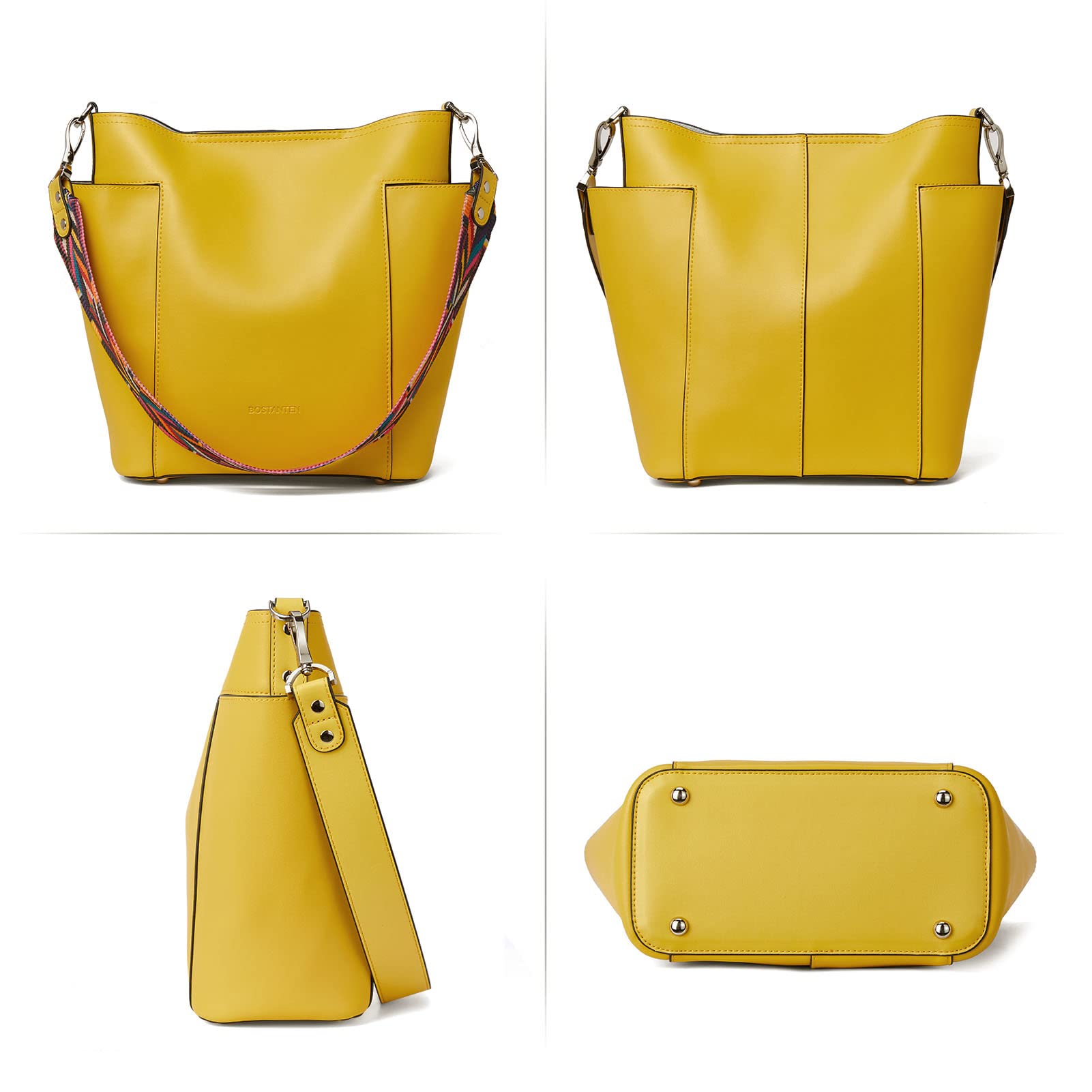 BOSTANTEN Genuine Leather Bucket Handbag Designer Hobo Shoulder Bag Tote Purses and Handbags Set with Clutch Purses Yellow-grainy