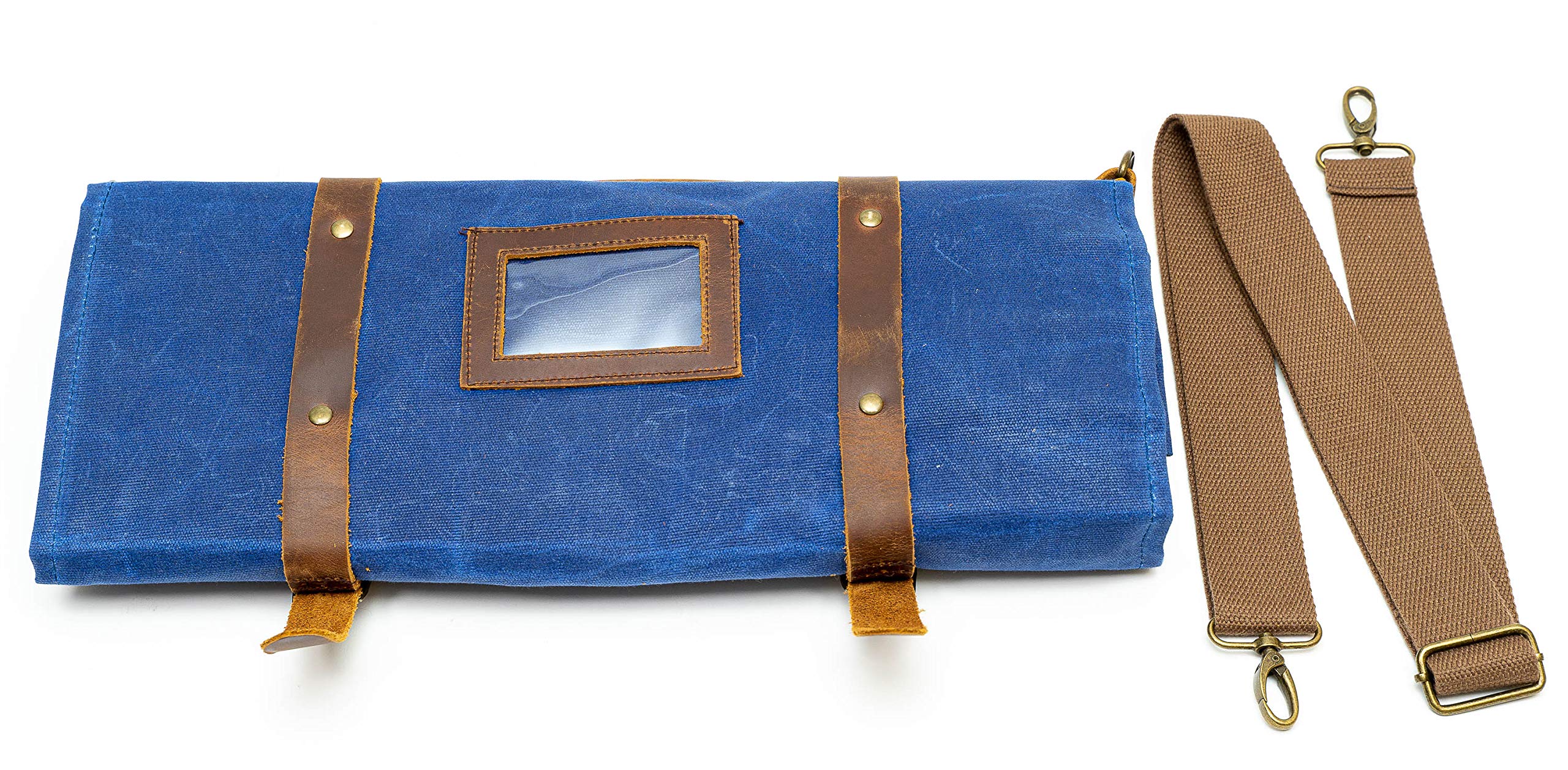 Chef Knife Roll Bag Waxed Cavas Genuine Leather USB | Amazing Gift for Tech Savvy Executive Chefs & Culinary Students (Blue) Culinary graduation gift | JOZ Creations LLC knife bag USB port blue