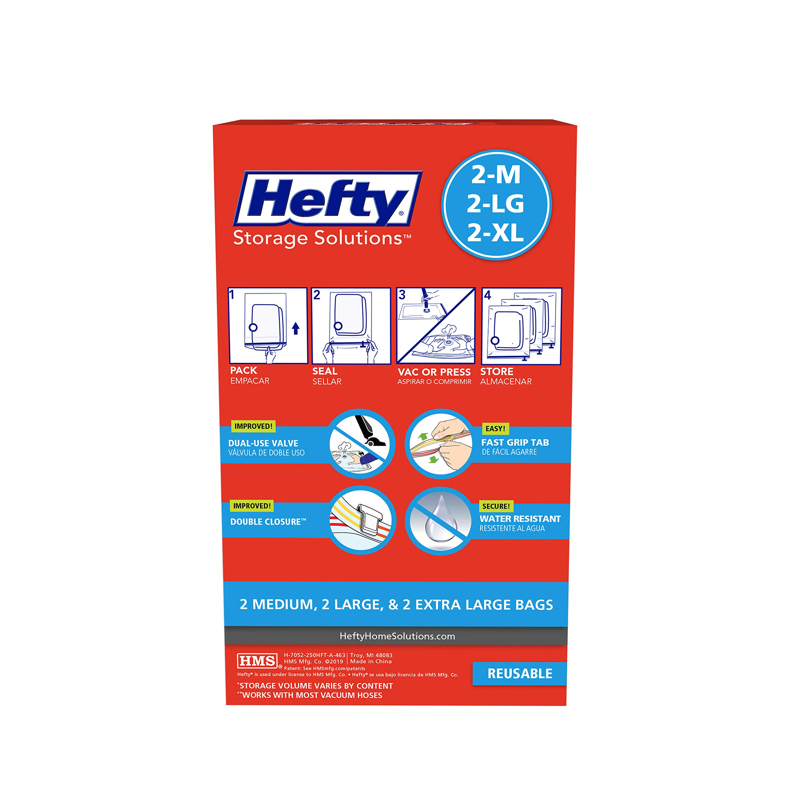 Hefty Shrink-Pak - 2 Medium, 2 Large, 2 XL Vacuum Seal Storage Bags – Space Saver Bags for Clothing, Pillows, Towels, or Blankets, 6 Pc Set