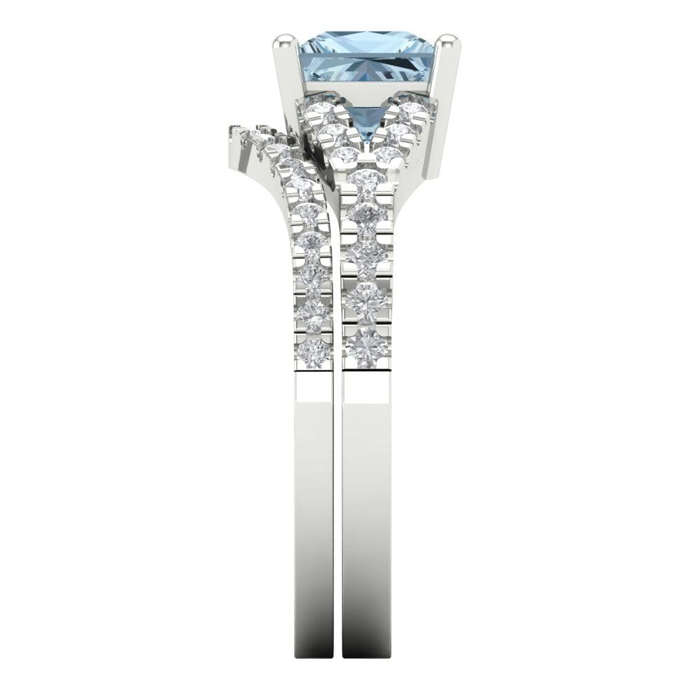 Clara Pucci 2.01ct Princess Cut Solitaire Natural Light Aquamarine Engagement Promise Anniversary Bridal Ring Band set 14k White Gold 7.5