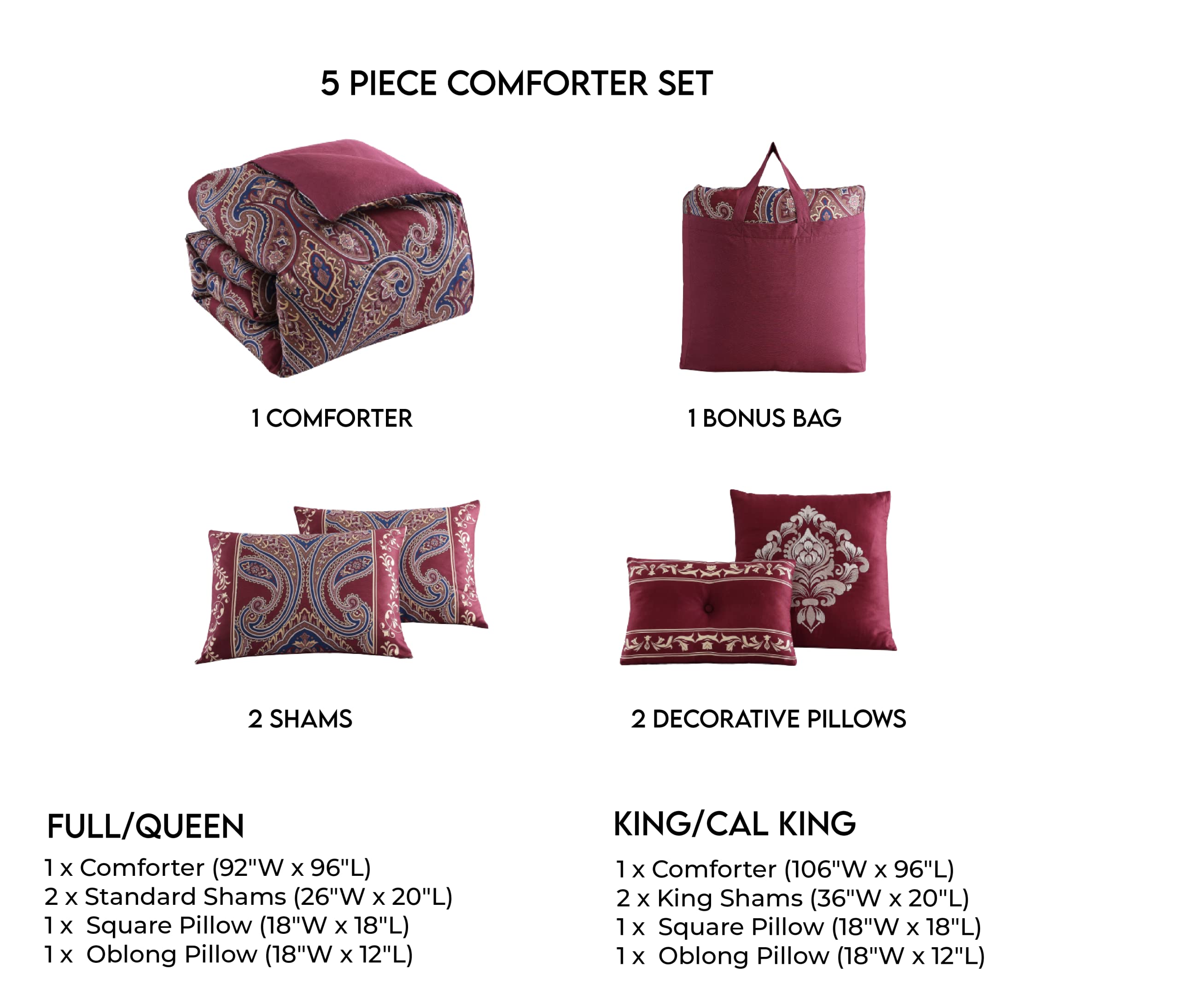 Bebejan Rossana Cotton 5 Piece Comforter Set | Teal, Gold, Beige, Terracotta Paisley Printed Pattern | Reversible | Cozy, Soft, Breathable | 1 Comforter, 2 Shams, 2 Pillows (Full/Queen)