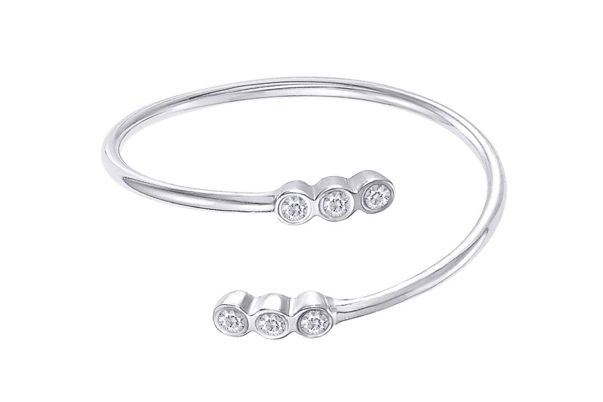 Bezel Diamond Accent Bypass Adjustable Stackable Ring in 14k White Gold Over Sterling Silver Ring Size-8