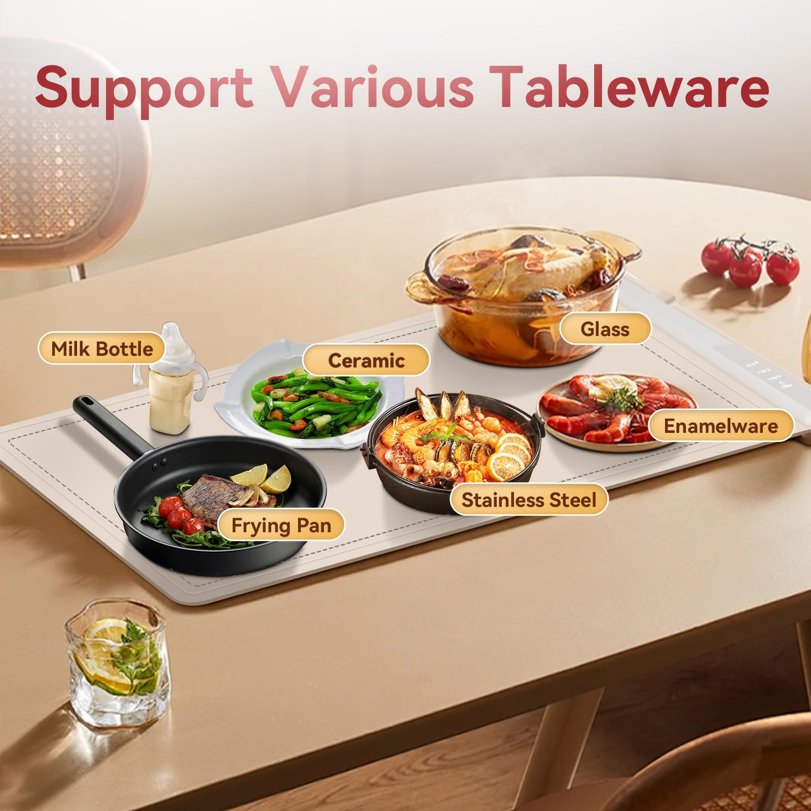 Electric Warming Tray for Food, Full Surface Heating Portable Food Warmer Mat 3 Temperature Settings, Foldable Silicone Heating Mat for Buffet, Gatherings, Parties, Beige