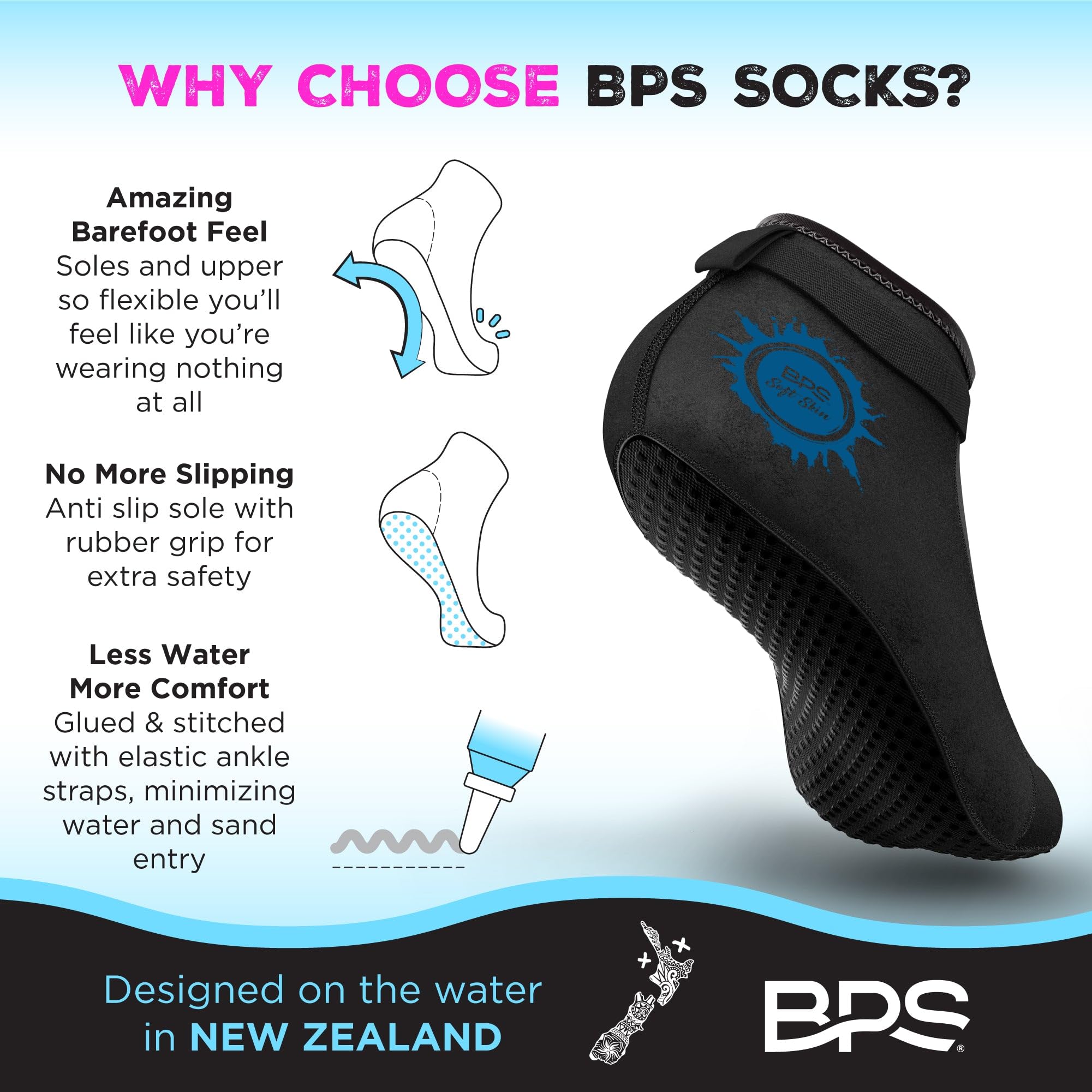 BPS Soft Skin Neoprene Water Socks (Low Cut, Black with Snorkel Blue Logo, M)