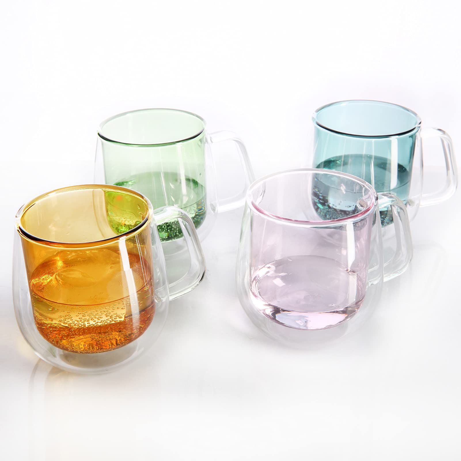 Colorful Double Walled Glass Coffee Mug 11.6 oz. Set of 4 Insulated Coffee Cups with Handle for Latte, Espresso, Cappuccino, Milk, Americano and Ice Tea