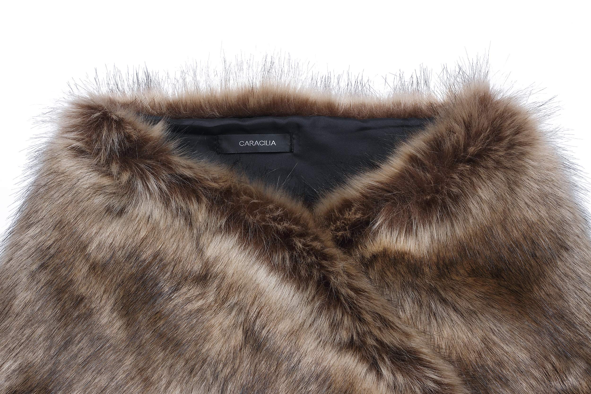 Caracilia Women Luxury Faux Fur Coat Jackets Wrap Cape Shawl for Wedding Party Brown Fur Small