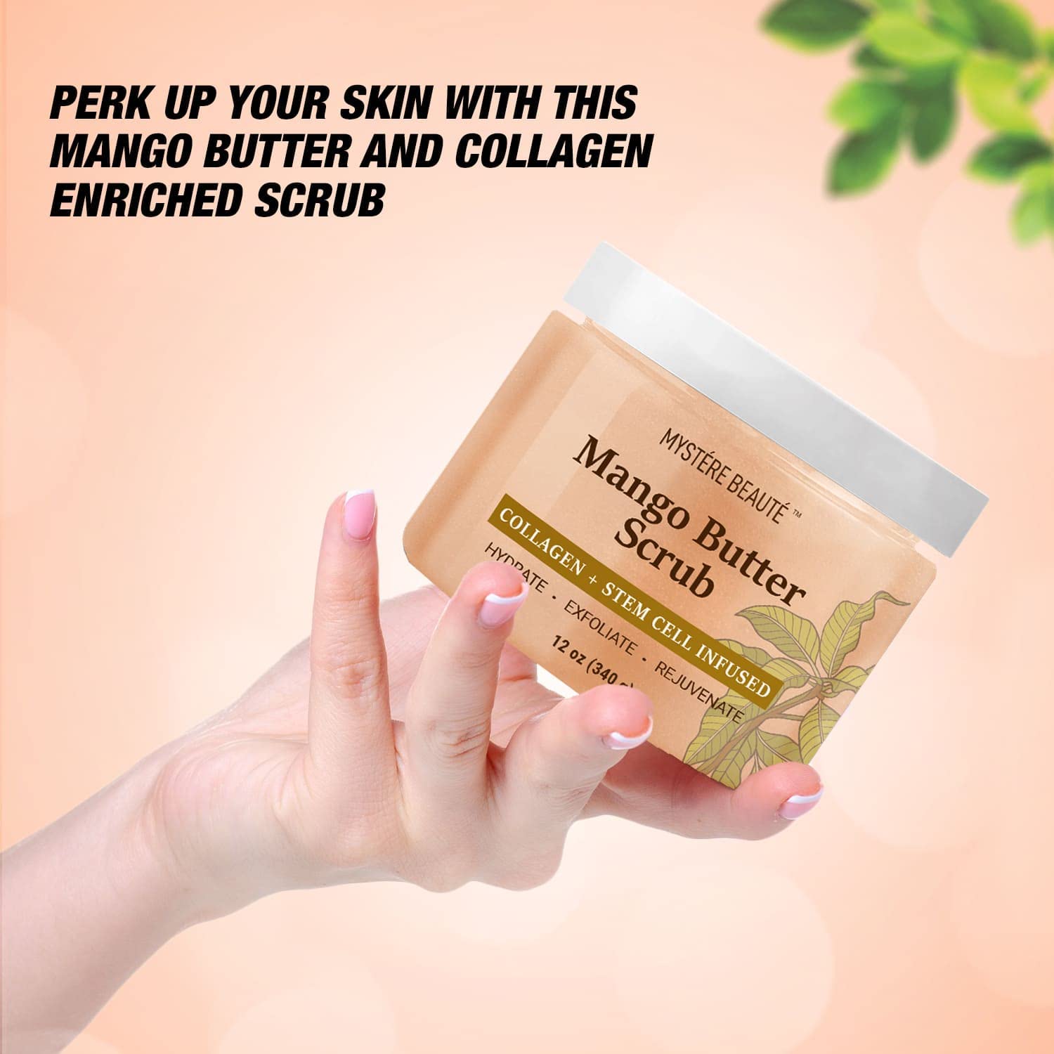 Mango Butter Body Scrub with Collagen and Stem Cells 12 oz - Exfoliating Salt Scrub for Cellulite - Deep Cleansing for Acne, Scars, Wrinkles - Moisturizes Skin