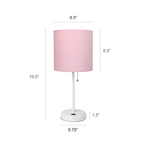 Limelights LT2044-POW Stick USB Charging Port and Fabric Shade Table Lamp, White/Light Pink,8.5 x 8.5 x 19.5