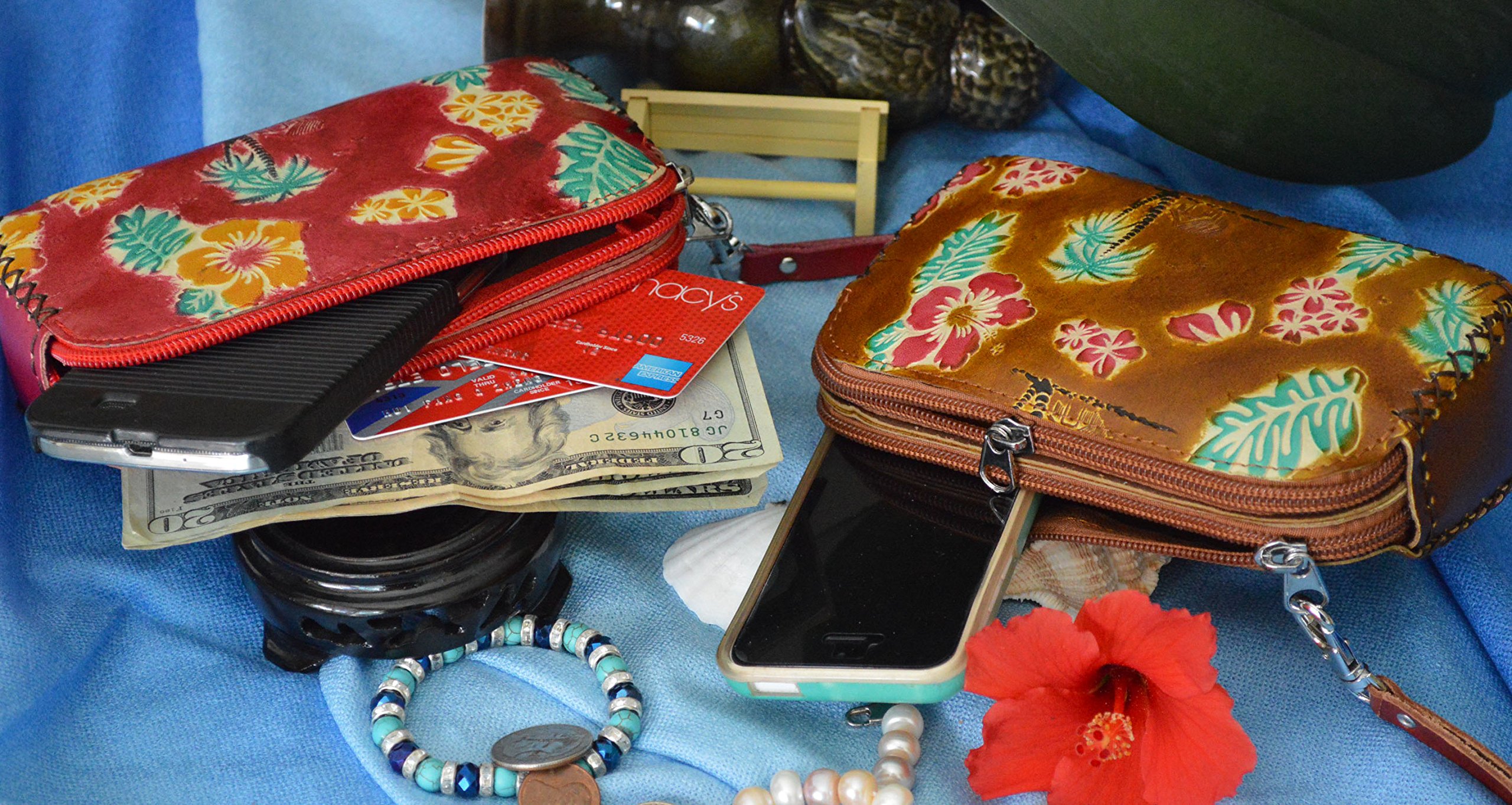 Leather Purse/wallet,two Zipper for Two Separate Rooms, Lovely Hawaii Scenery (Brown)