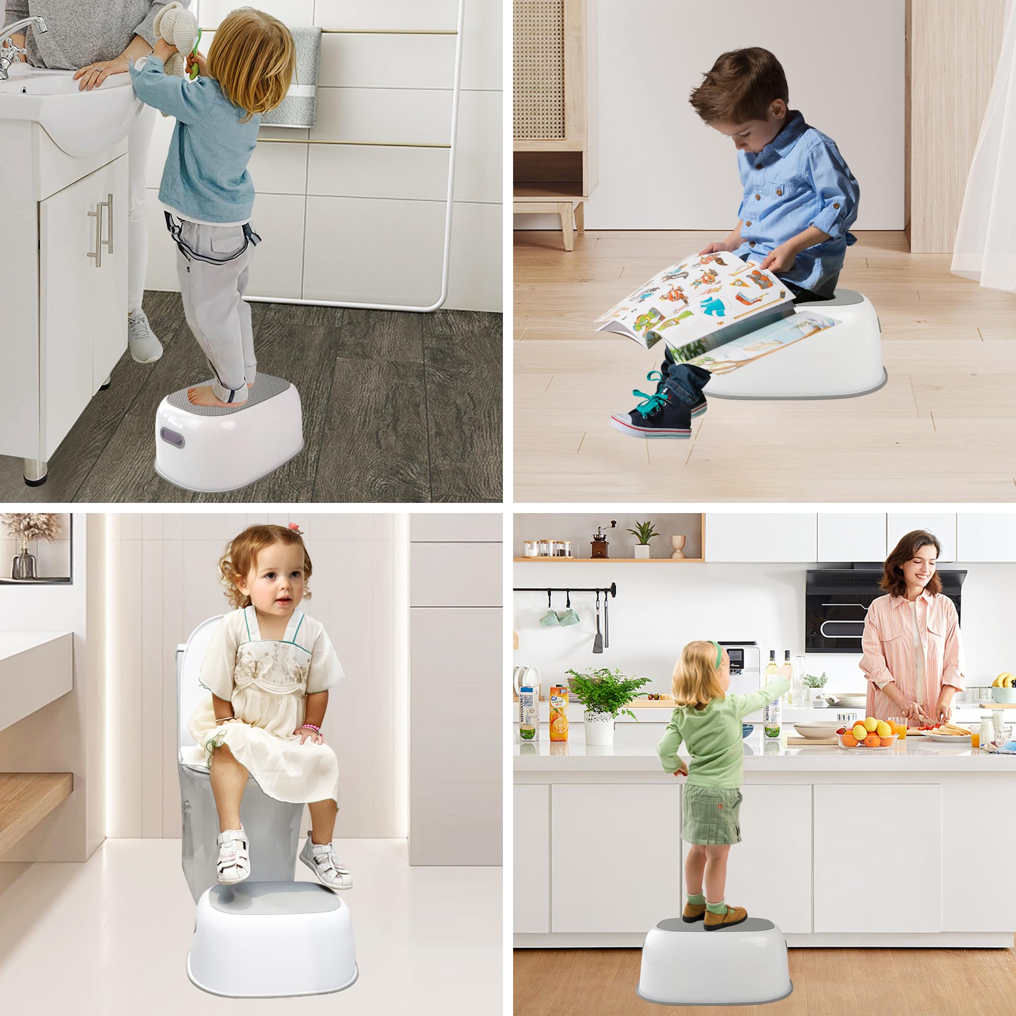 Cemibaby Step Stool for Kids and Toddlers,Anti-Slip Sturdy Toddler Step Stool for Toilet Potty Training,Bathroom Sink,Kitchen,Safety,Portability,Wide Step,Appropriate Height,Gray White (1 Pack)