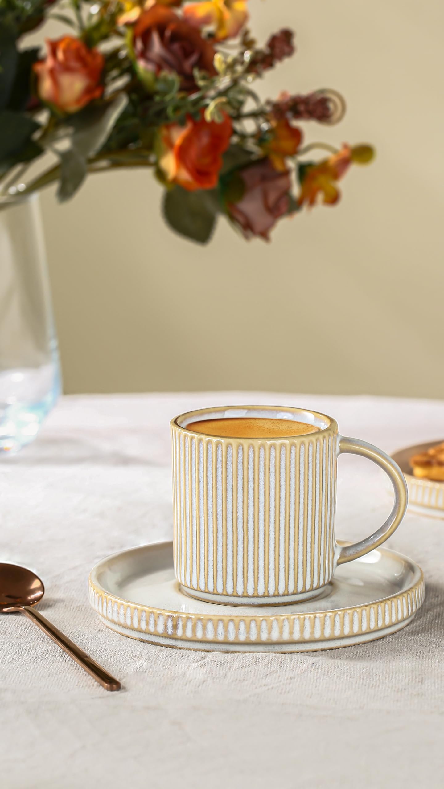 famiware Star Espresso Cups and Saucers Set of 4, [ Mini ] 3 oz Ceramic Small Coffee Mug with Handle, Ribbed Stoneware Demitasse Cup for Tea, Latte - Microwave & Dishwasher Safe - Cappuccino White