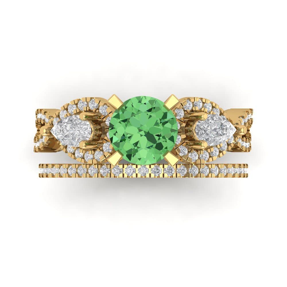 Clara Pucci 2.0ct Round Cut 3 stone Green Simulated Diamond Engagement Promise Anniversary Bridal Ring Band set 18K Yellow Gold 4.5
