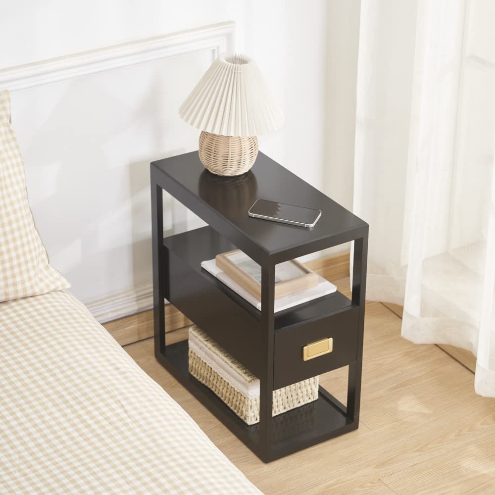 BECTSBEFF Fully Assembled Narrow Side Table, No Assembly Narrow End Table with Drawer for Living Room, Pre-Assembled Nightstand with Shelf for Bedroom-Black