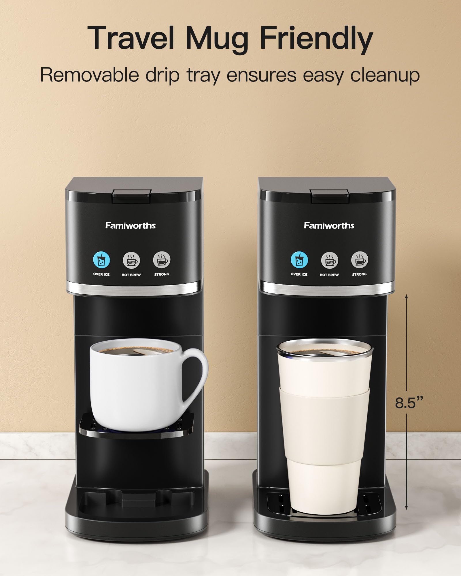 Famiworths Single Serve Coffee Maker, Iced and Hot Coffee Machine for K Cup & Ground Coffee, 6 to 16 Oz Brew Sizes, Fit 8.5" Travel Mug, Capsule Coffee Machine with Descaling Reminder, Blue