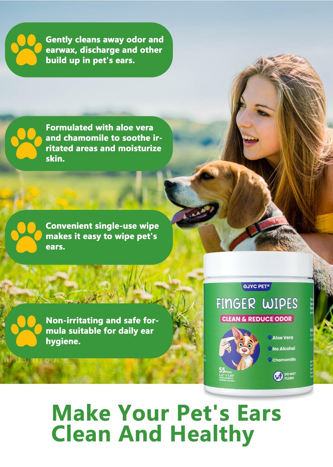 GJYC PET Ear Finger Wipes for Dogs & Cats - Natural Ingredients Gently Remove Ear Wax, Debris - Soothes & Deodorizes - Relieve Ear Itching & Inflammation with Aloe, 55 Count