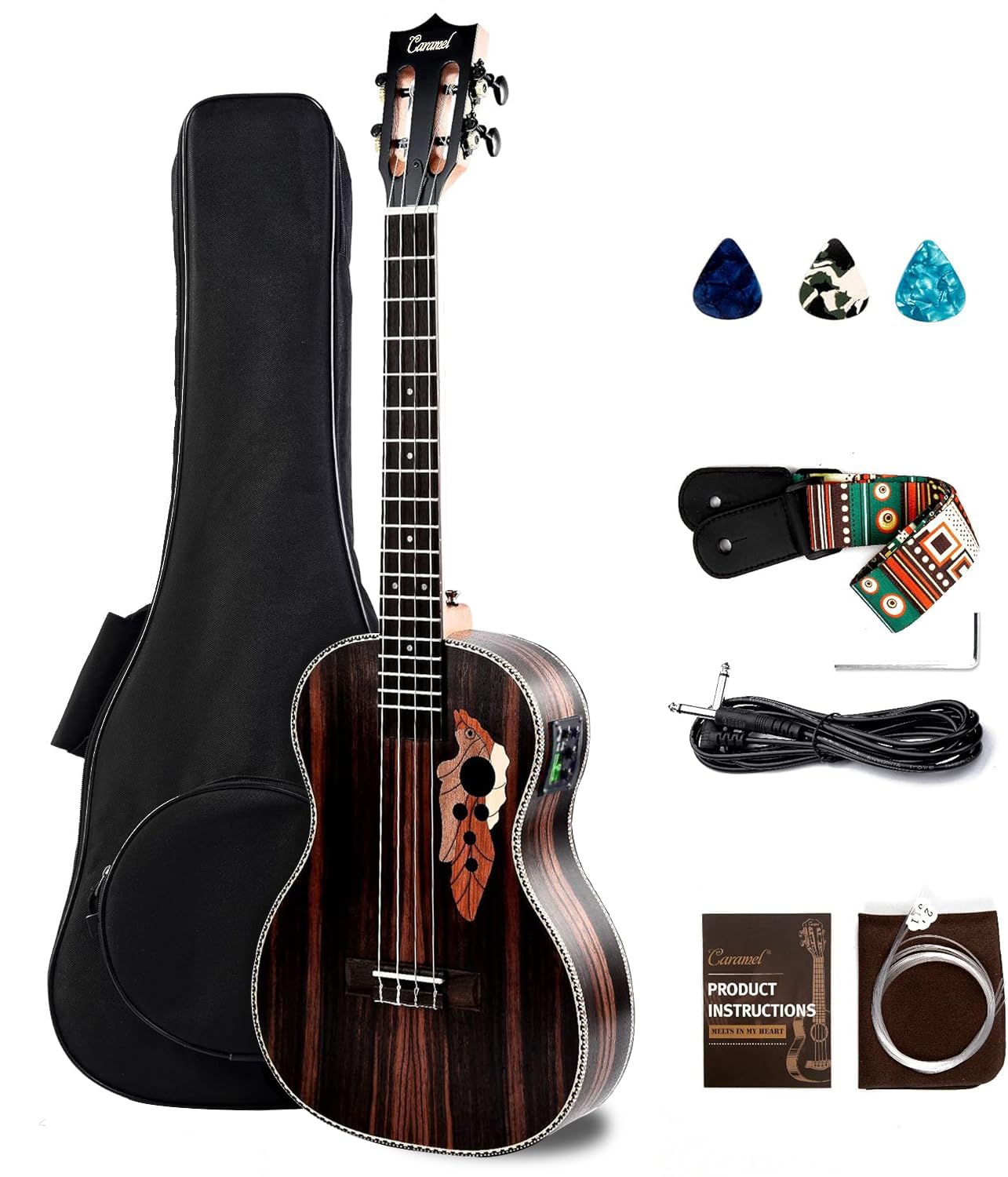Caramel CB500 30 Inch All Rosewood Baritone LCD color display Electric Ukulele Professional Wooden ukelele Kit Beginner Guitar ukalalee Starter Pack Bundle Gig bag Strap Aquila Strings Set