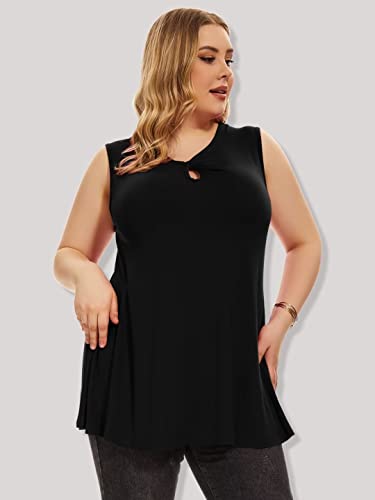 LARACE Plus Size Tank Tops for Womens Shirts Cut Out Trendy Clothes Loose Fit Tunics Twist Knot Sleeveless Blouses(Black 3X)