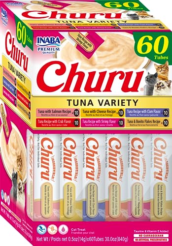 INABA Churu Cat Treats, Grain-Free, Lickable, Squeezable Creamy Purée Cat Treat/Topper, 60 Servings, Tuna Variety Box