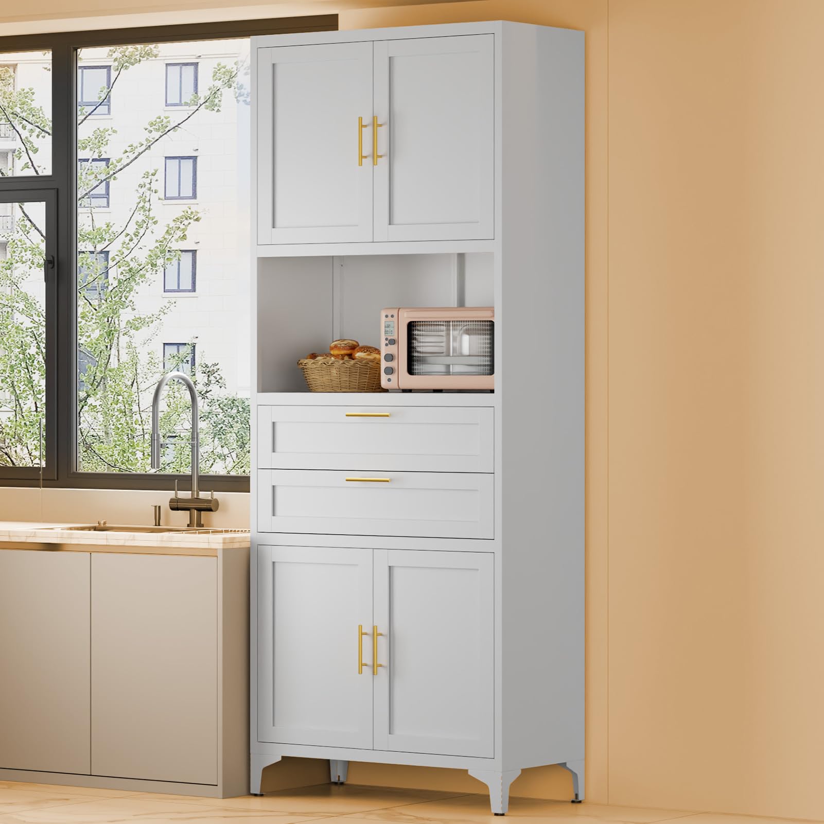 FogQueen 75" Tall Metal Storage Cabinet,Pantry Storage Cabinet with 2 Drawers and Open Space,Kitchen Cupboard with Adjustable Shelves,Multi-Functional Cabinet for Living Room,Bathroom,Garage (White)