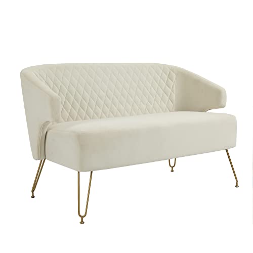 Krinana Velvet Loveseat Sofa Couch with Solid Wood Frame, Modern 2 Seater Sofa with Gold Metal Legs, 2-Seat Sofa for Living Room Bedroom Office Hotel Apartments (Cream White)