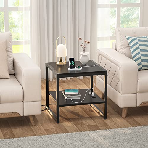 Homieasy End Table with Charging Station, 20 Inch Square Side Table with USB Ports & Power Outlets, Black Nightstand with 2-Tier Storage Shelf, Mini Fridge Stand for Small Spaces, Black