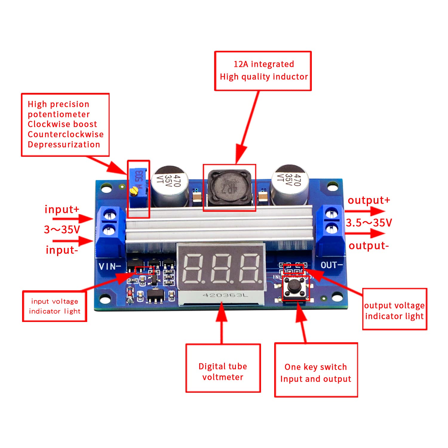 CenryKay DC-DC Adjustable Boost Power Module Board 100W High Power Output 3.5-35V Power Regulator Board with LED Digital Voltage Meter(2PCS)