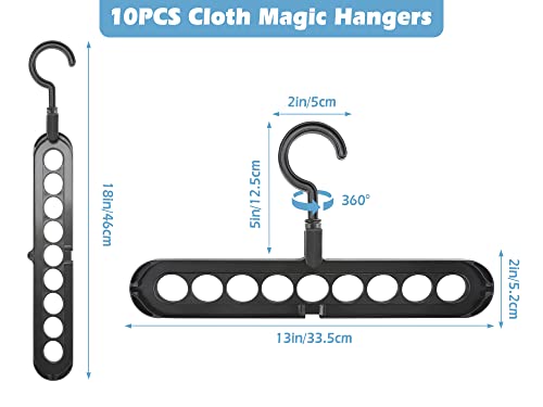 Magic Hangers, 10 Pack Black Hangers, Clothes Hangers, Closet Organizers and Storage, Hangers Space Saving, Non-Slip Hangers, Multifunctional Storage Plastic Hangers with 9 Slots, Dorm Room Essentials
